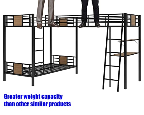 SNIFIT Upgraded Version & Stronger Metal L-Shaped Triple Bunk Bed Twin Over Twin Over Twin with Desk & Storage Shelf & Ladders, Thicken More Stable Black Bunk Bed Twin Size L-Shaped (Faster Assembly)
