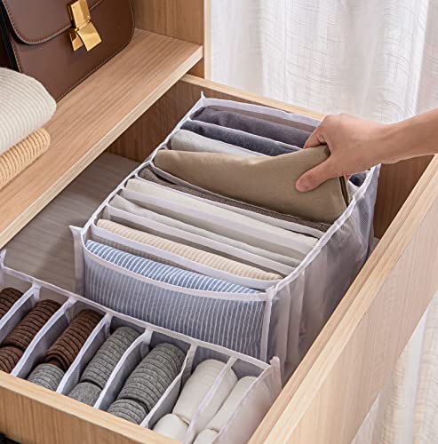 MBVBN Drawer Organizers for Clothing Wardrobe Clothes Organizer, 7 Grids Jeans Compartment Storage Box Foldable Closet Organizer Mesh Separation (White, Medium+Large)