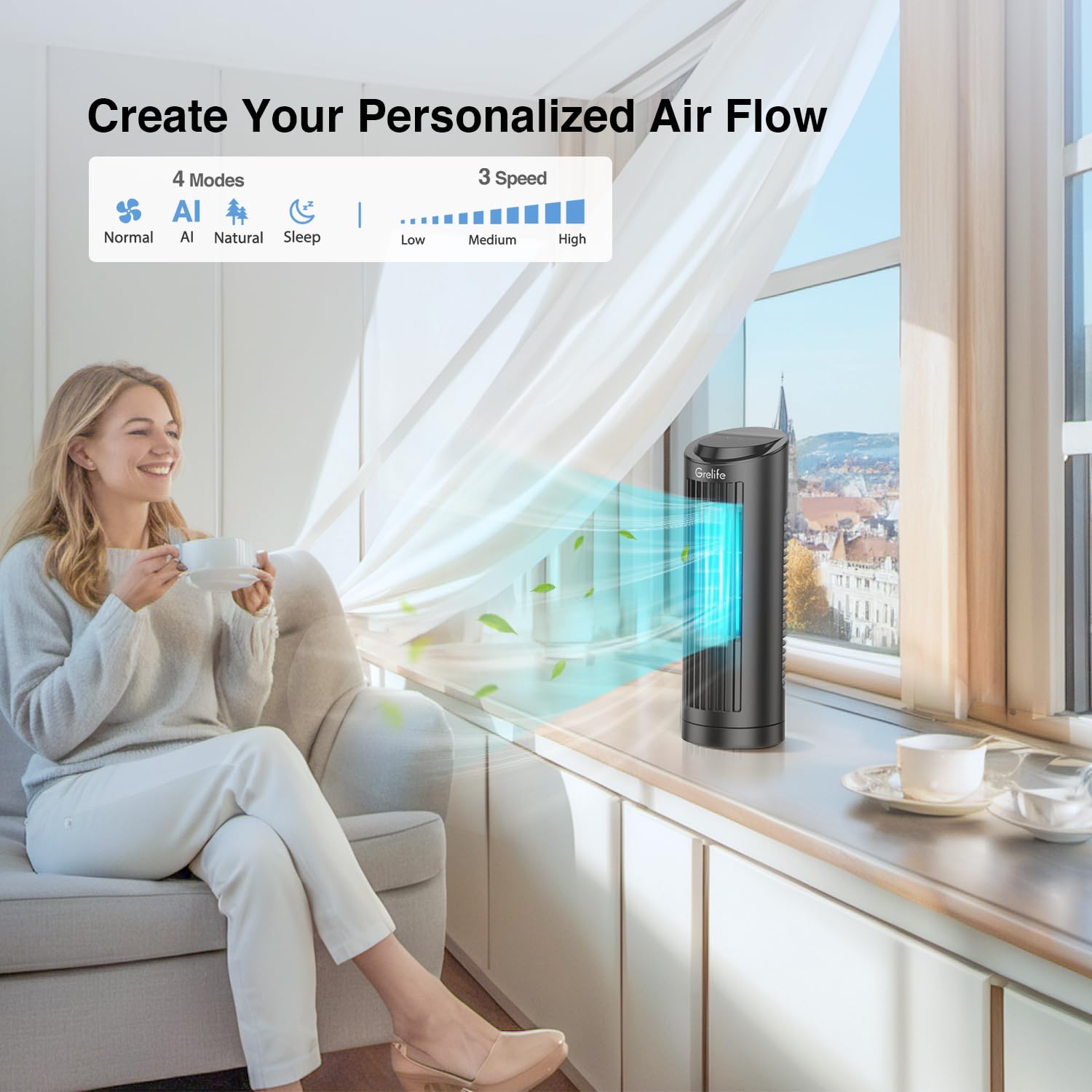 Grelife 13" Bladeless Tower Fan with 70° Oscillation, 3 Speeds, 4 Wind Modes, Touch Control & Remote, 12-Hour Timer, Compact Cooling Fan for Home Office Bedroom