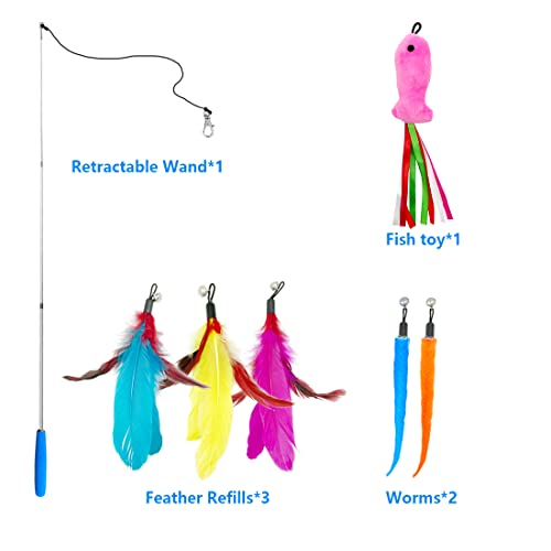 Vovamo Cat Toys for Indoor Cat,1PCS Retractable Cat Wand Toy and 5PCS Cat Feather Toys Refills and 1PCS Fish Teaser Refills, Interactive Kitten Toys Fishing Pole,Fun Toy for Cat Exercise