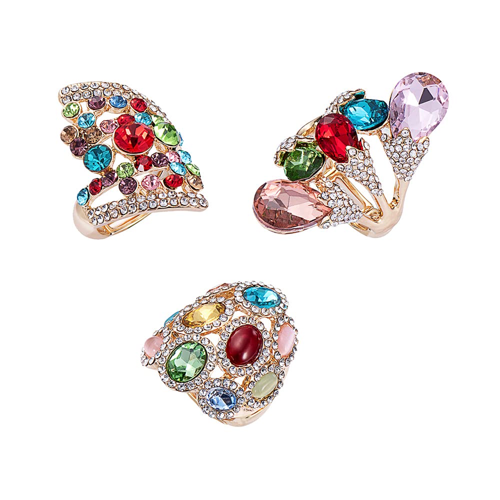 Ecesha 3 PCS/Set Gold Colorful Crystal Oval Teardrop Rhombus Cocktail Rings Set Irregular Geometric Stretch Rings for Women