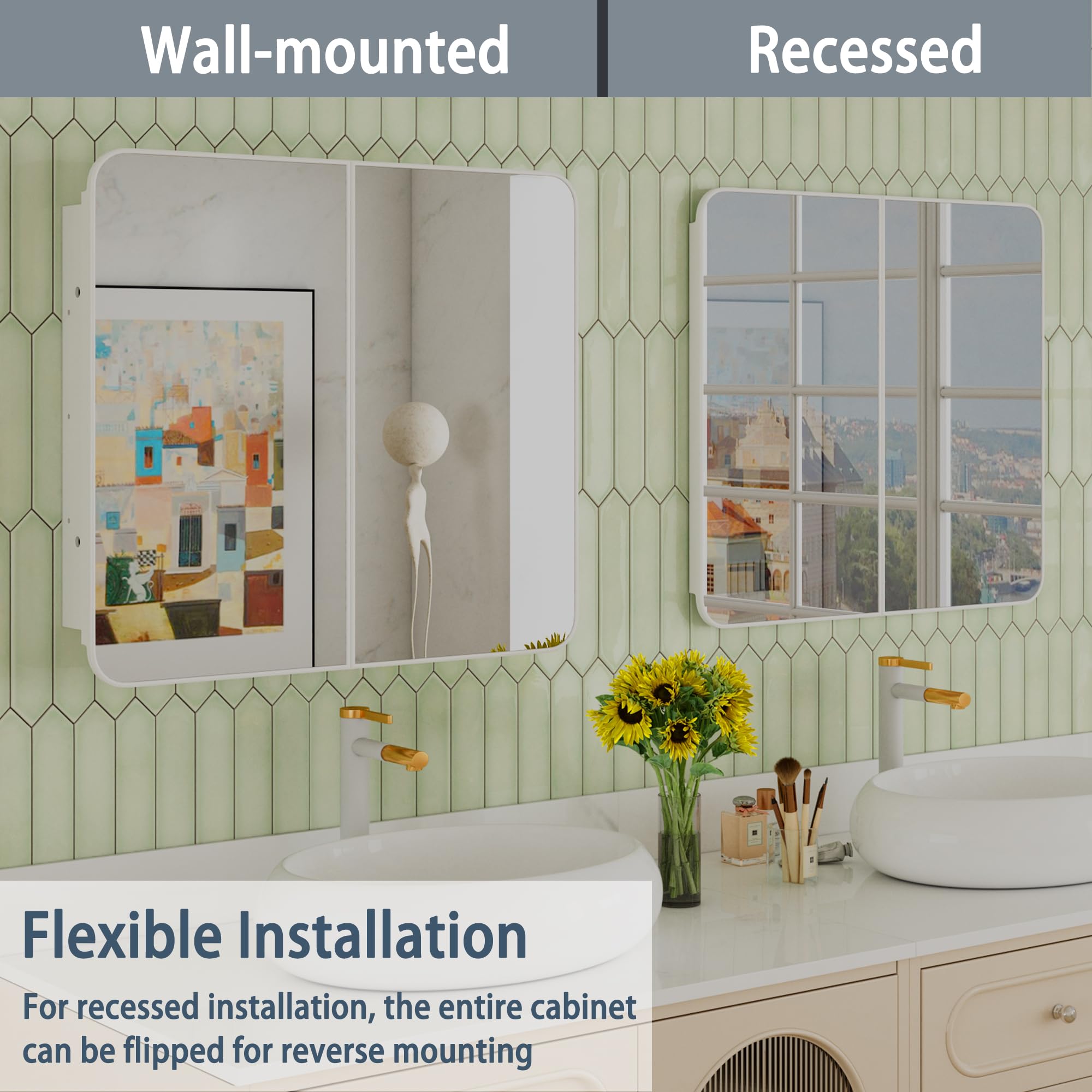 Medicine Cabinet with Mirror 20'' x 22'' Aluminum Recessed Medicine Cabinet with Mirror, Adjustable Glass Shelf, Corrosion Resistant Bathroom Mirror with Storage Wall Mounted (20'' x 22'' Double Door)