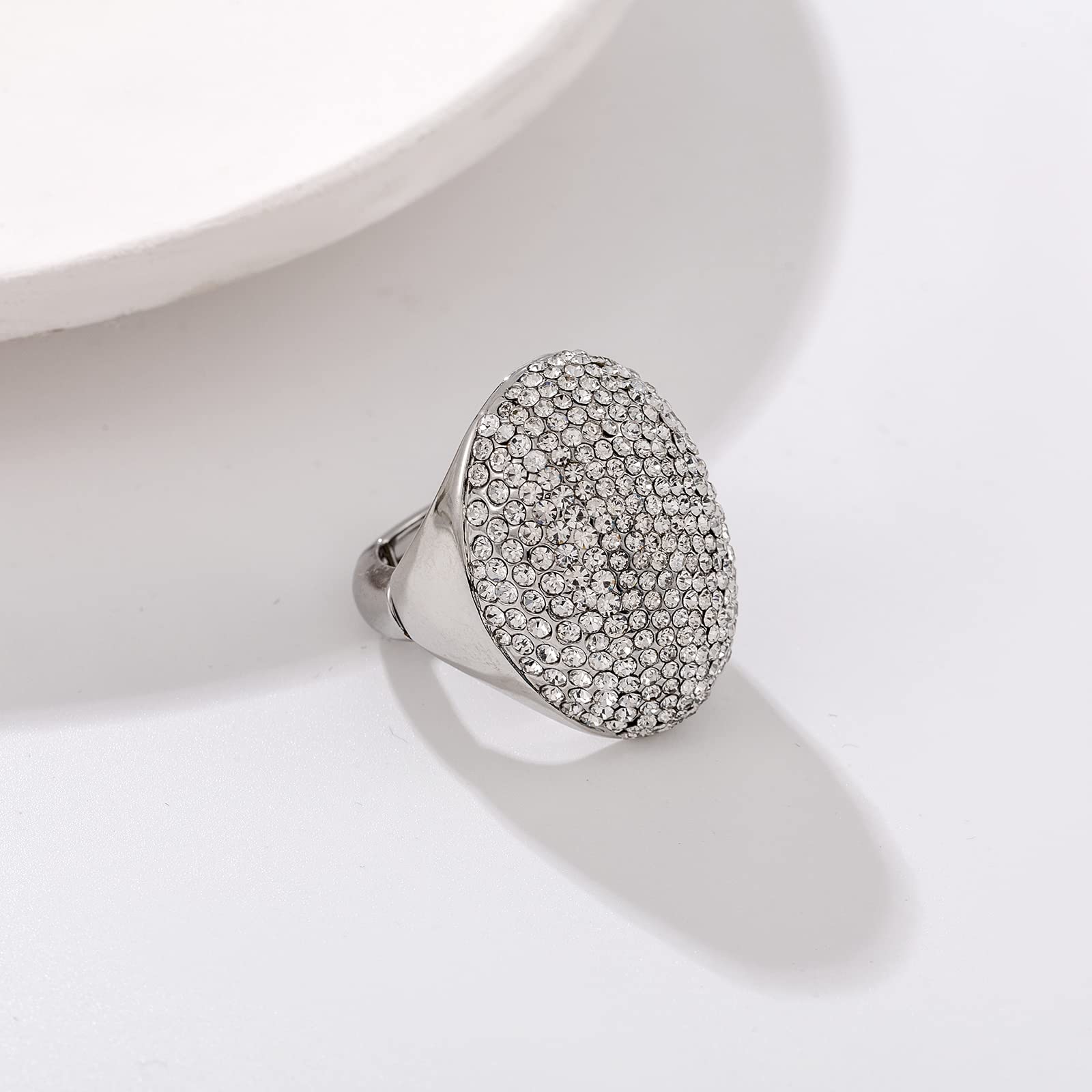 Ecesha Silver Cluster Crystal Oval Sparkly Crystal Adjustable Stretch Chunky Rings for Women Simple Costume Ring for Women (Style C)