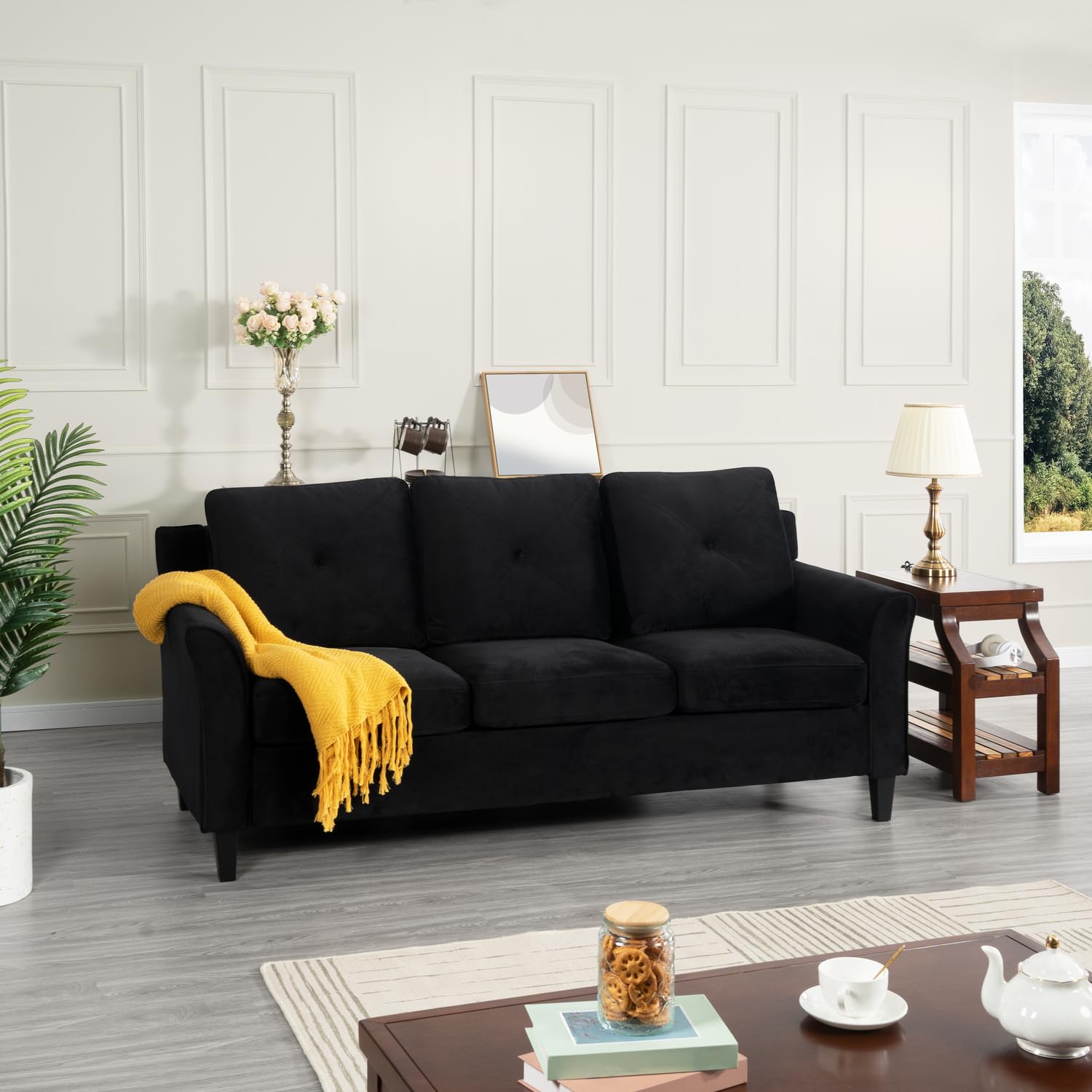 Naomi Home Black Button Tufted Sofa & Loveseat Set, Black Modern Microfiber Furniture for Small Spaces, Durable and Sturdy, Tool-Free Assembly, Affordable Living Room Sofa Cama, Stylish and Compact