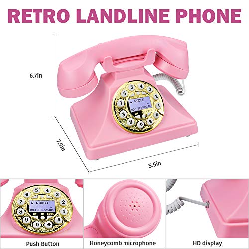 Pink Retro Landline Phone for Home, IRISVO Vintage Phone Old Fashioned Classic Desk Telephone with LCD Screen Display and Redial,Speaker, Push Button Dialing with A Rotary Look (Pink)