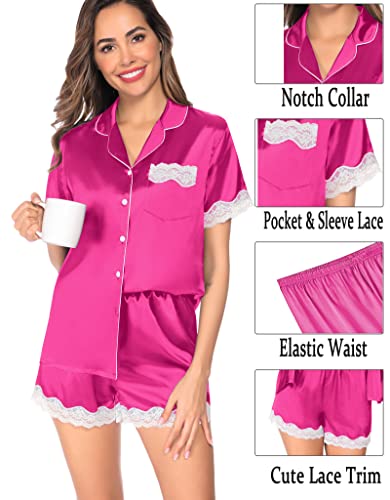 SWOMOG Women's Silk Lace Pajama Sets Satin Button Down Pjs Lace Shorts 2 Pcs Sleepwear Bridal Party Lounge Set with Pockets Red Rose