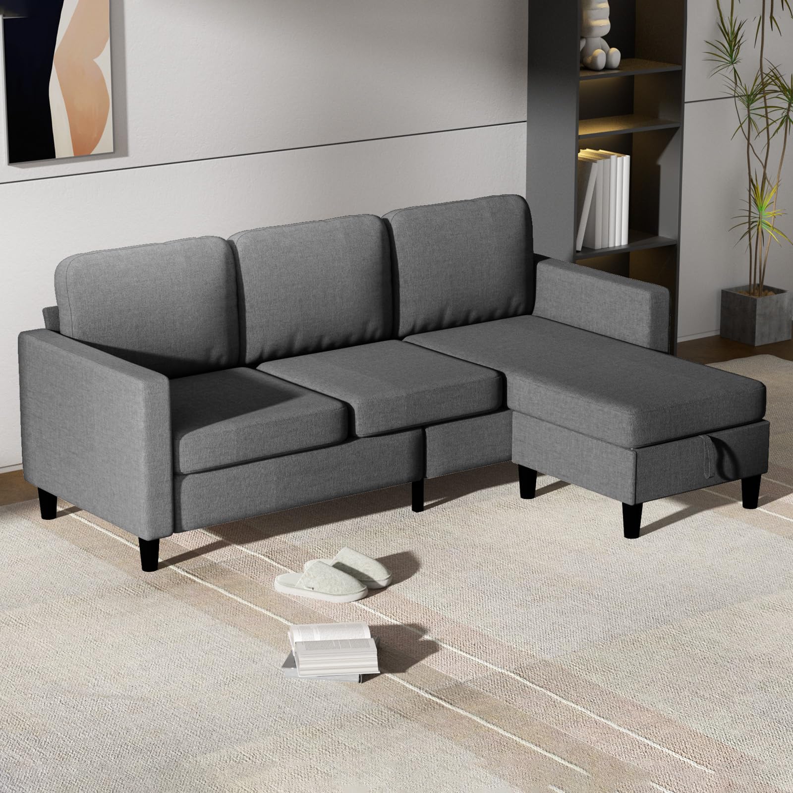 PUREMIND 76 Inches Sectional Sofa Couch, Linen Fabric L-Shaped Couch, 3-Seat Sofa with Reversible Storage Ottoman for Living Room, Apartment and Small Space (Beige)