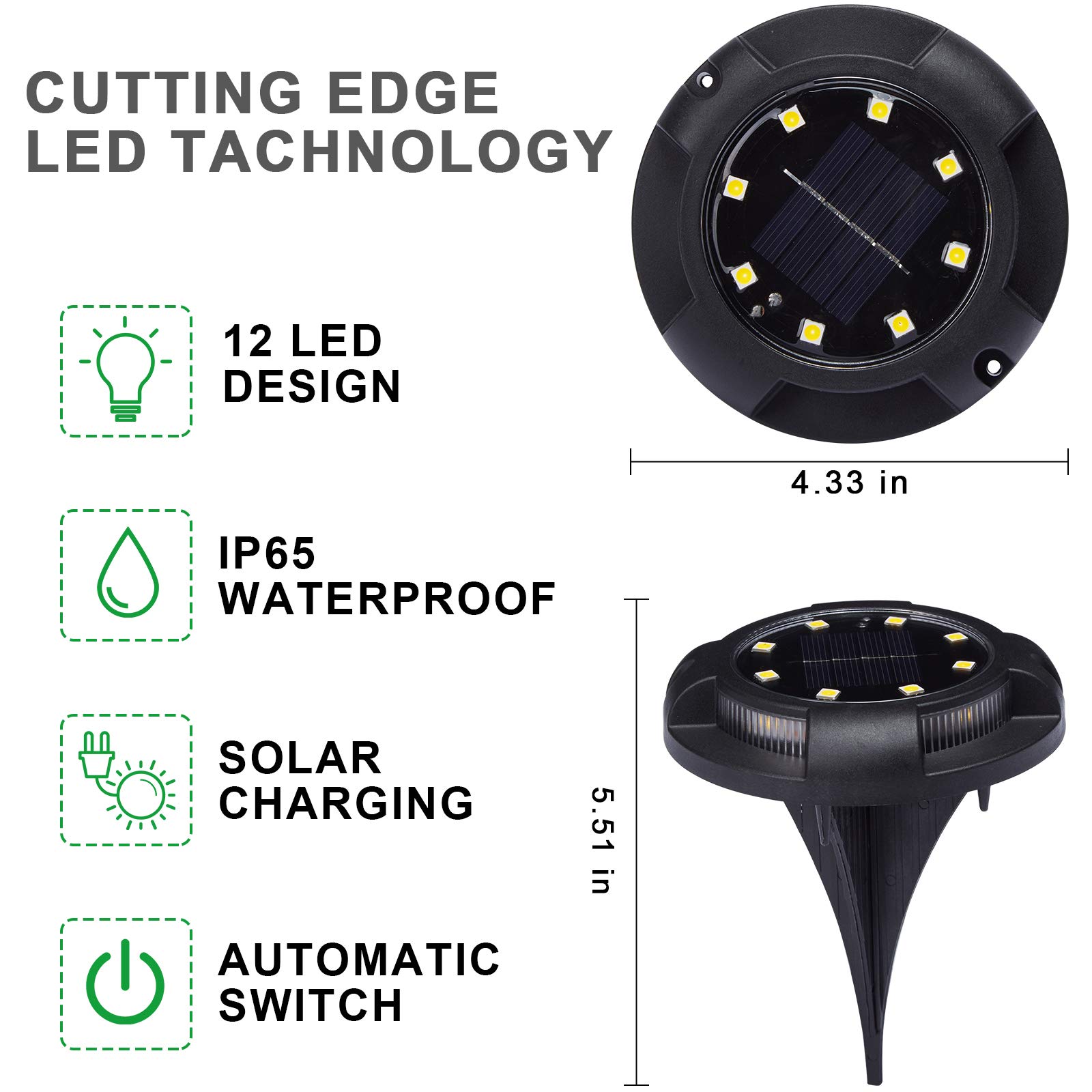 K.E.J. Solar Ground Lights Outdoor 12 Led Disk Lights Garden Lights Solar Powered Waterproof In-Ground Outdoor Landscape Lighting for Patio Pathway Lawn Yard Deck Driveway Walkway (12 Pack)
