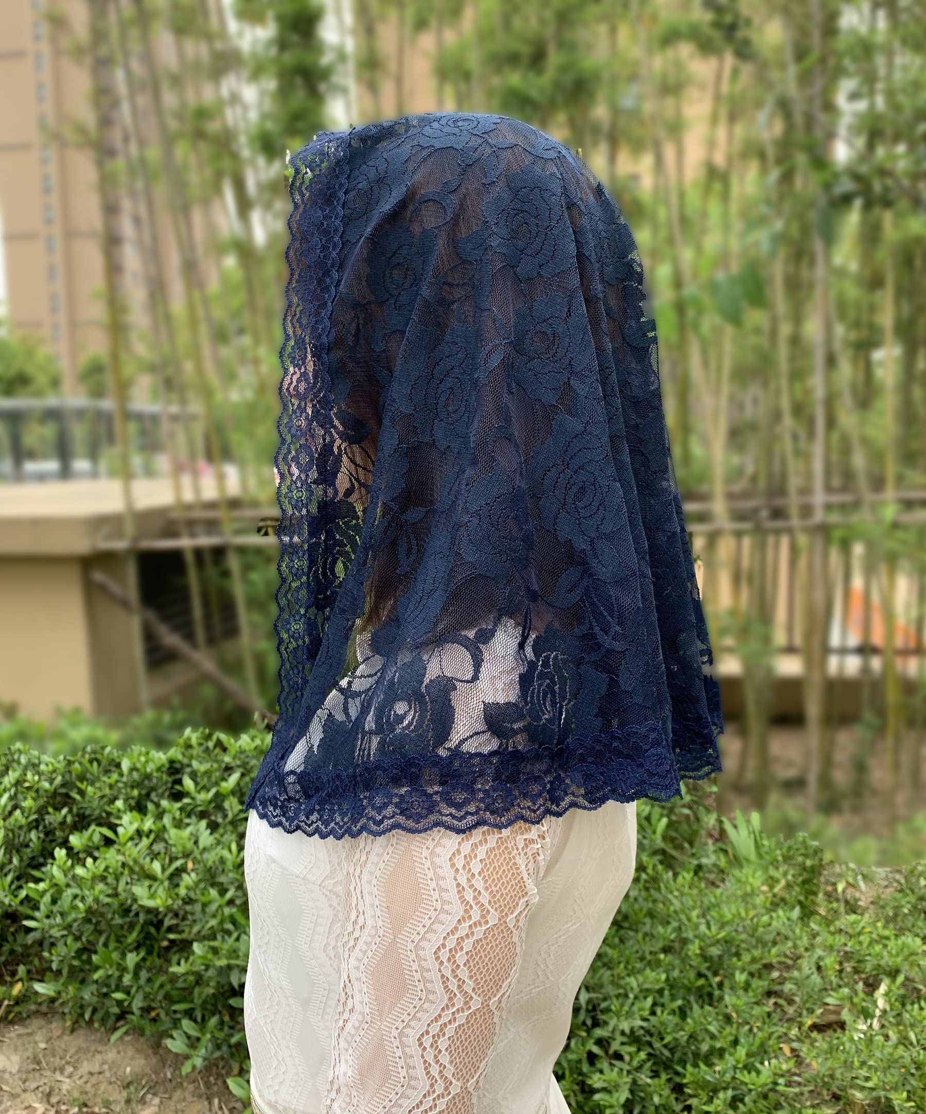 Grettytling Lace Mantilla Veil Soft and comfortable 7 Colors Spanish Style Rose Lace Veil Head Covering D Shape ,Navy