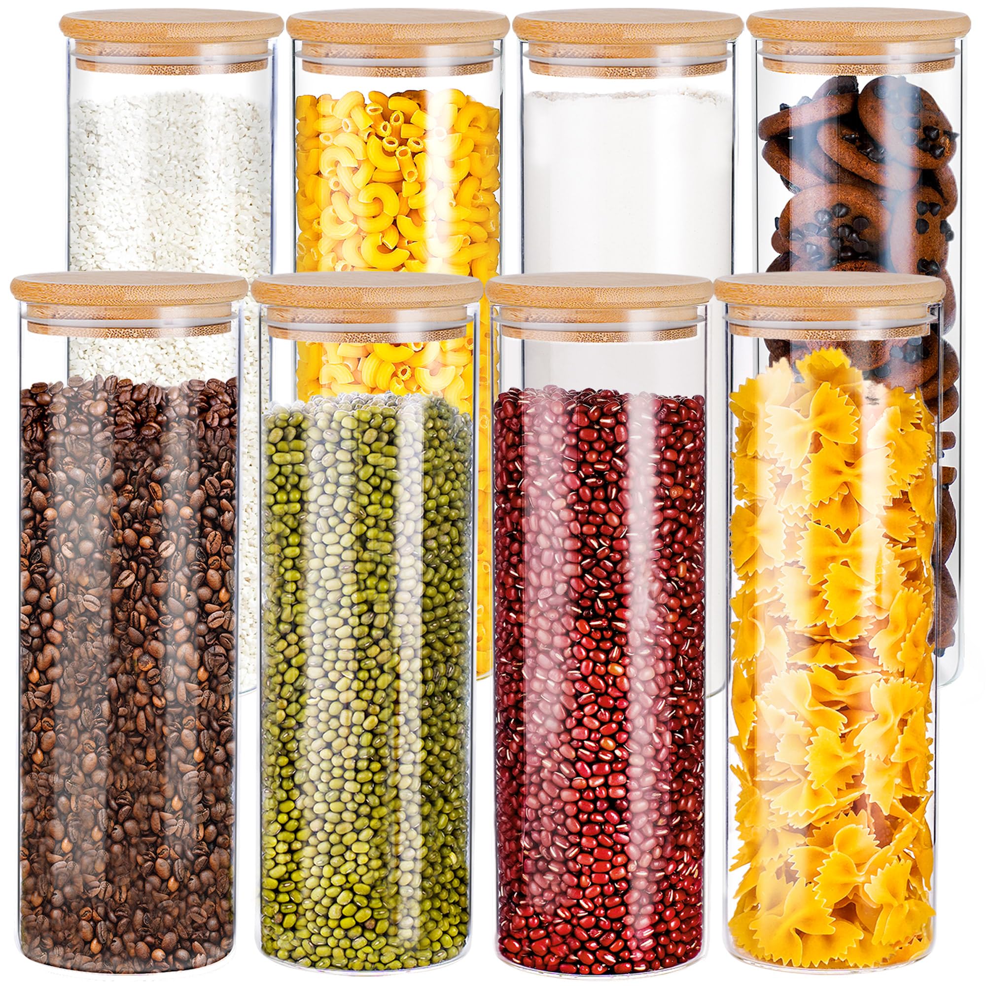 GTJ Glass Storage Containers with Lids, 38oz Set of 8, Glass Jars with Bamboo Lids, Flour Sugar Storage Containers, Airtight Food Storage Containers for the Kitchen, Cereal Containers Storage