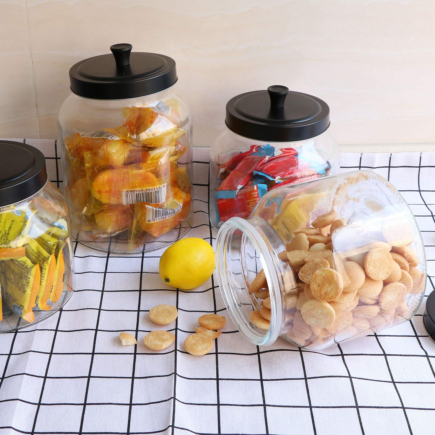 Glass Jars With Sealed Lids,Clear Glass Food Storage container with Black Brushed Metal lids,55 OZ(Set of 4)