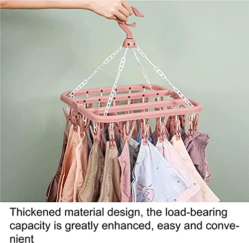 MENFENG Clothes Drying Hanger and Drip Foldable Hanging Sock Rack(32 Clips ) Multifunction Clothes Drying Rack,Rotary Wind-Sock Hanger for Washing line,for Socks, Underwear, Bras, Baby Clothes (Pink)