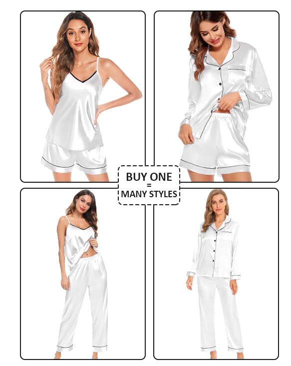 SWOMOG Womens Silk Satin Pajamas Set Three-piece Pj Sets Sleepwear Loungewear Button-Down Pj Sets White