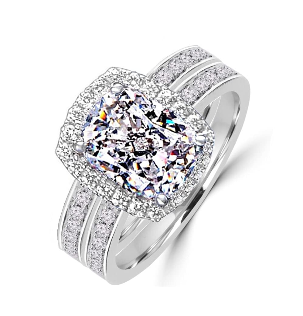 Diamonbella Supreme 101 Facets 2 Carat Rectangular Cushion Cut NSCD Simulated Diamond Ring Band Set Solid 925 Silver Halo Design (6.5)