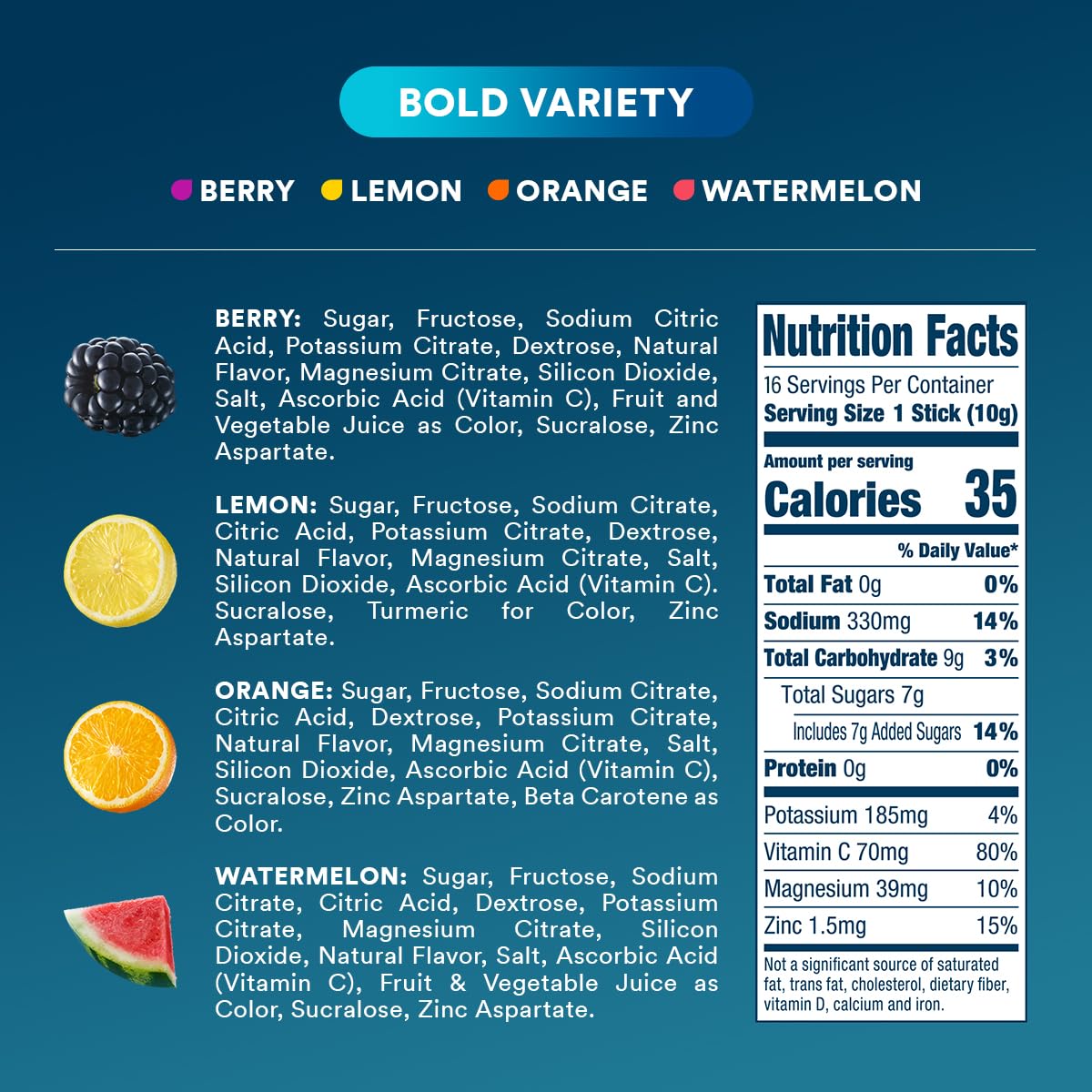 DripDrop Hydration - Bold Variety Pack - Electrolyte Drink Mix Single Serve Hydration Powder Packets - Watermelon, Berry, Lemon, Orange | Non-GMO, Gluten Free, Vegan | 16 Sticks