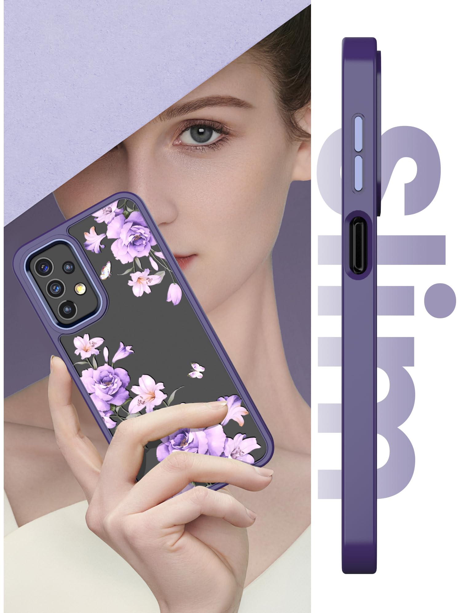 Dretal for Samsung A23 4G/ 5G Case, Galaxy A23 Case Tempered Glass Screen Protector,Military Grade Drop Tested Hard Back & Soft Edge Slim Flower Women Girls Phone Protective Cover(Deep Purple)