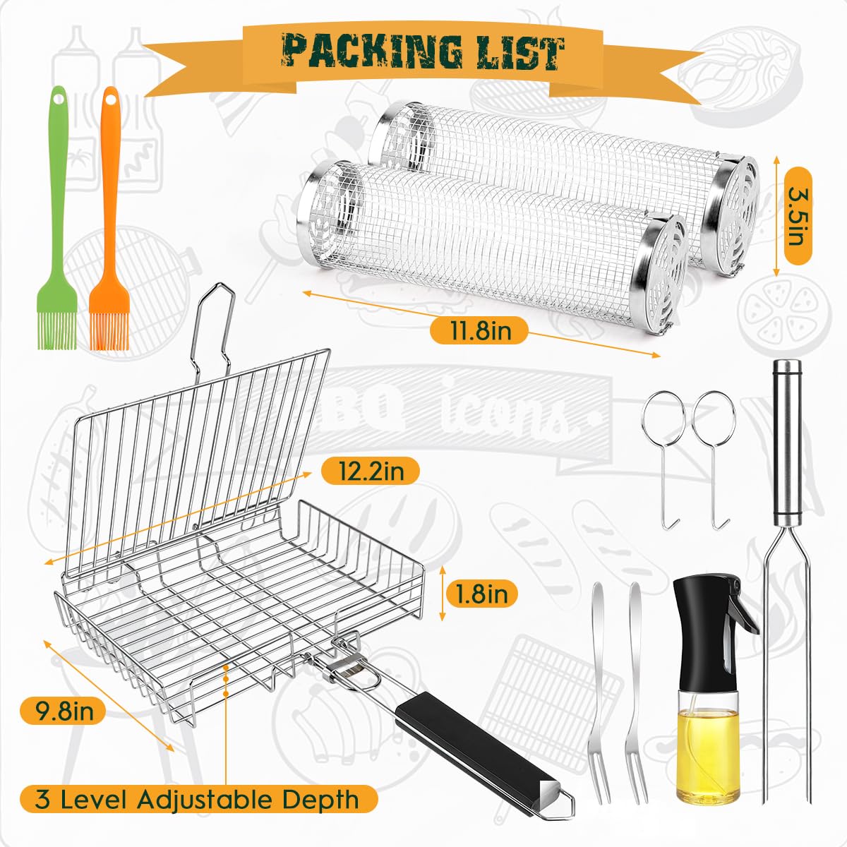 Grill Basket,11pcs Rolling Grill Baskets For Outdoor Grill With Barbeque Grilling Accessories,Stainless Steel Barbecue Folding Grill Basket With Handle,Brush,Portable Bbq Camping For Fish,Shrimp,Vegetables,Birthday Gifts For Men Dad