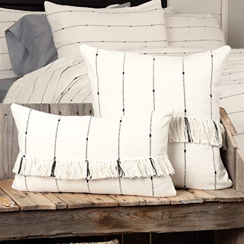 Piper Classics Farmcloth Stripe Pillow Cover w/ Fringe, 12" x 20", Urban Rustic Farmhouse Style, Boho Chic, Natural Cream w/ Black Stripes