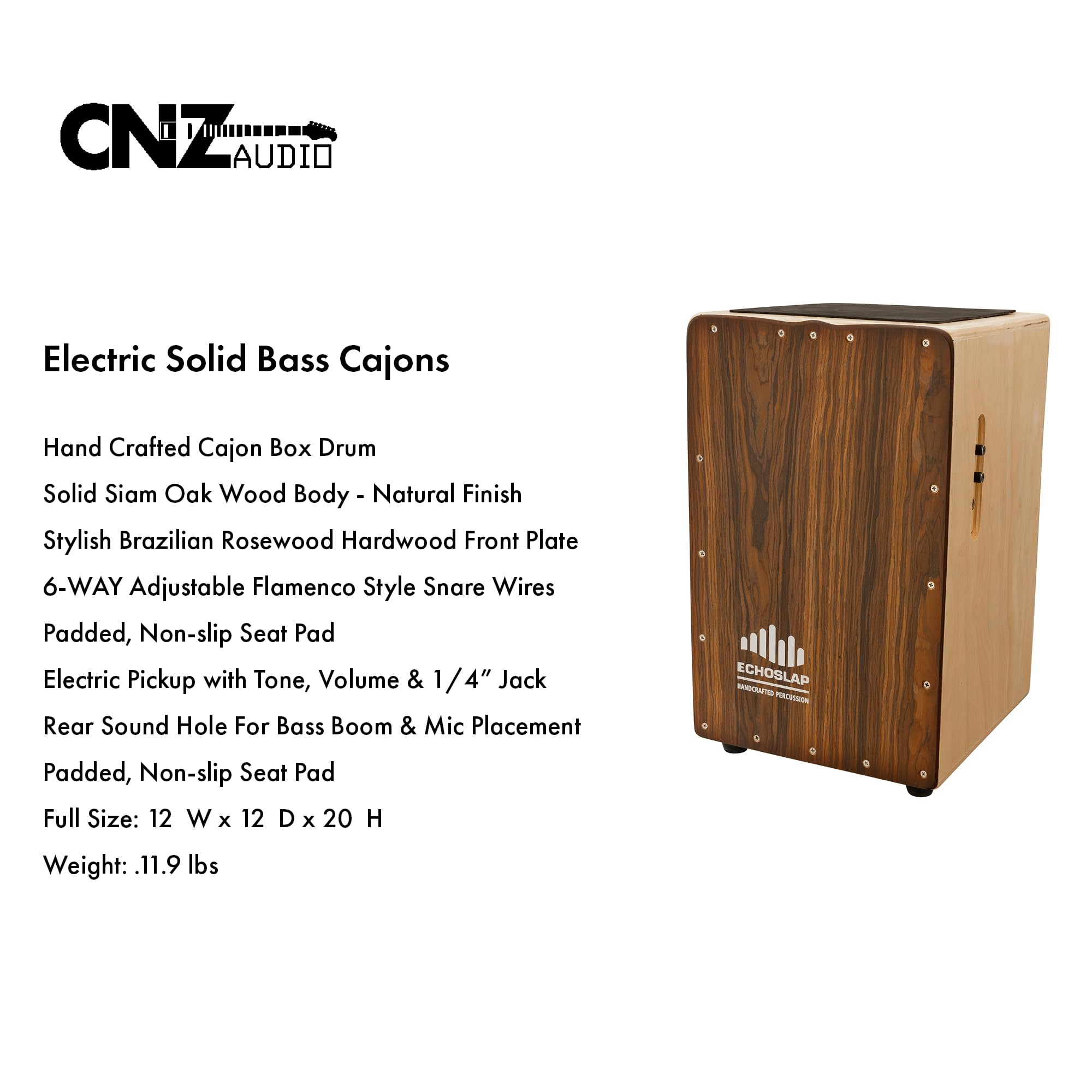 Echoslap Electric Solid Cajon - Electric Pickups, Tone and Volume Adjustment Knobs (Brazilian Rosewood)
