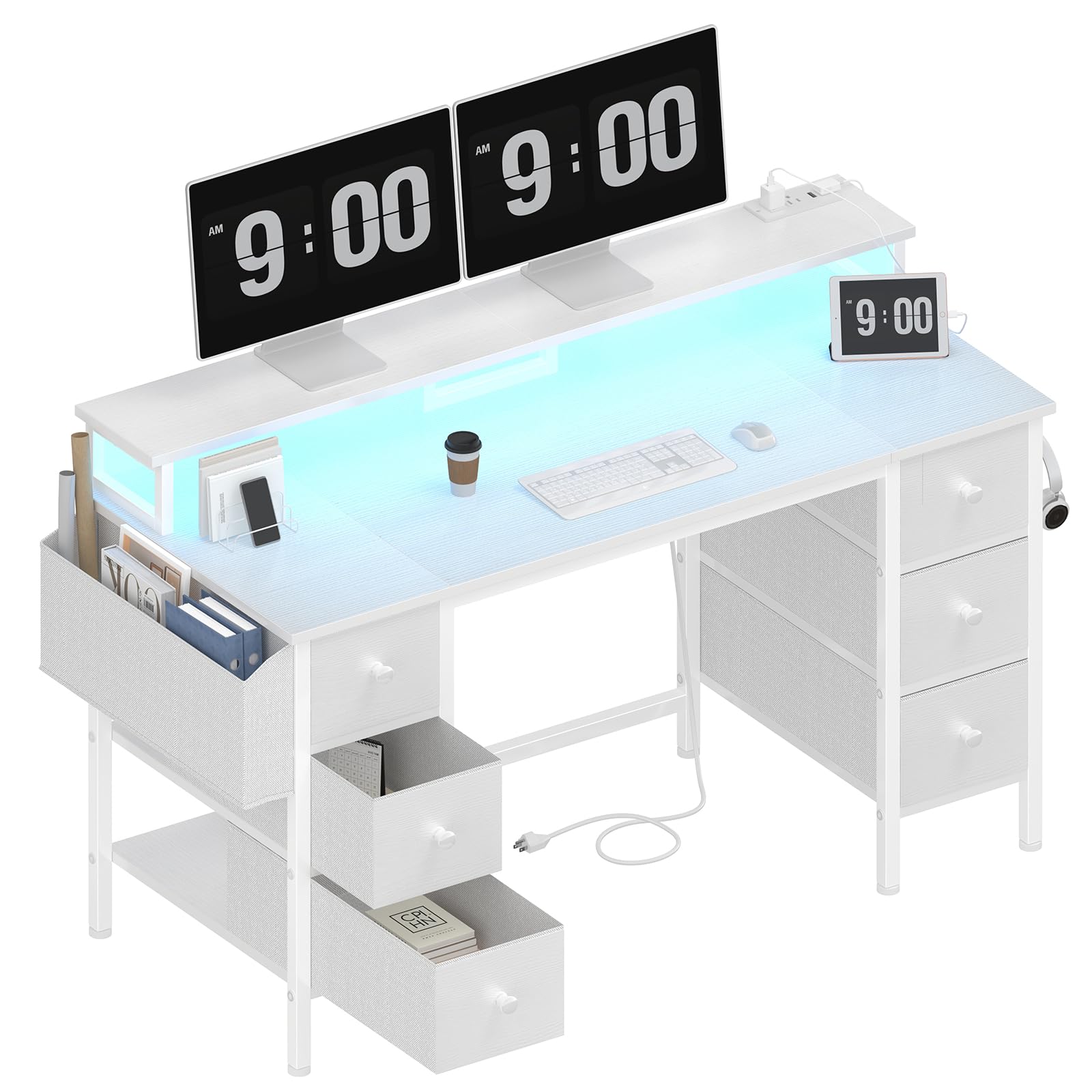 Lufeiya White Computer Desk with Fabric Drawers & Storage Shelves, 47 inch Home Office Desk with Monitor Stand, Gaming Desk with LED Lights and Power Outlets, White