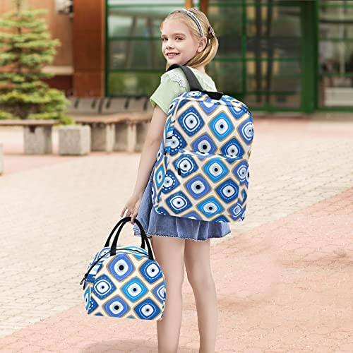 FOLIOSA Kid's Backpack Lunch Bag Set Square Evil Eye Print， Large Capacity Insulated Scratch-Resistant Backpack with Lunch Kit for School Work Suits for 6+ Years Teenager Boys Girls