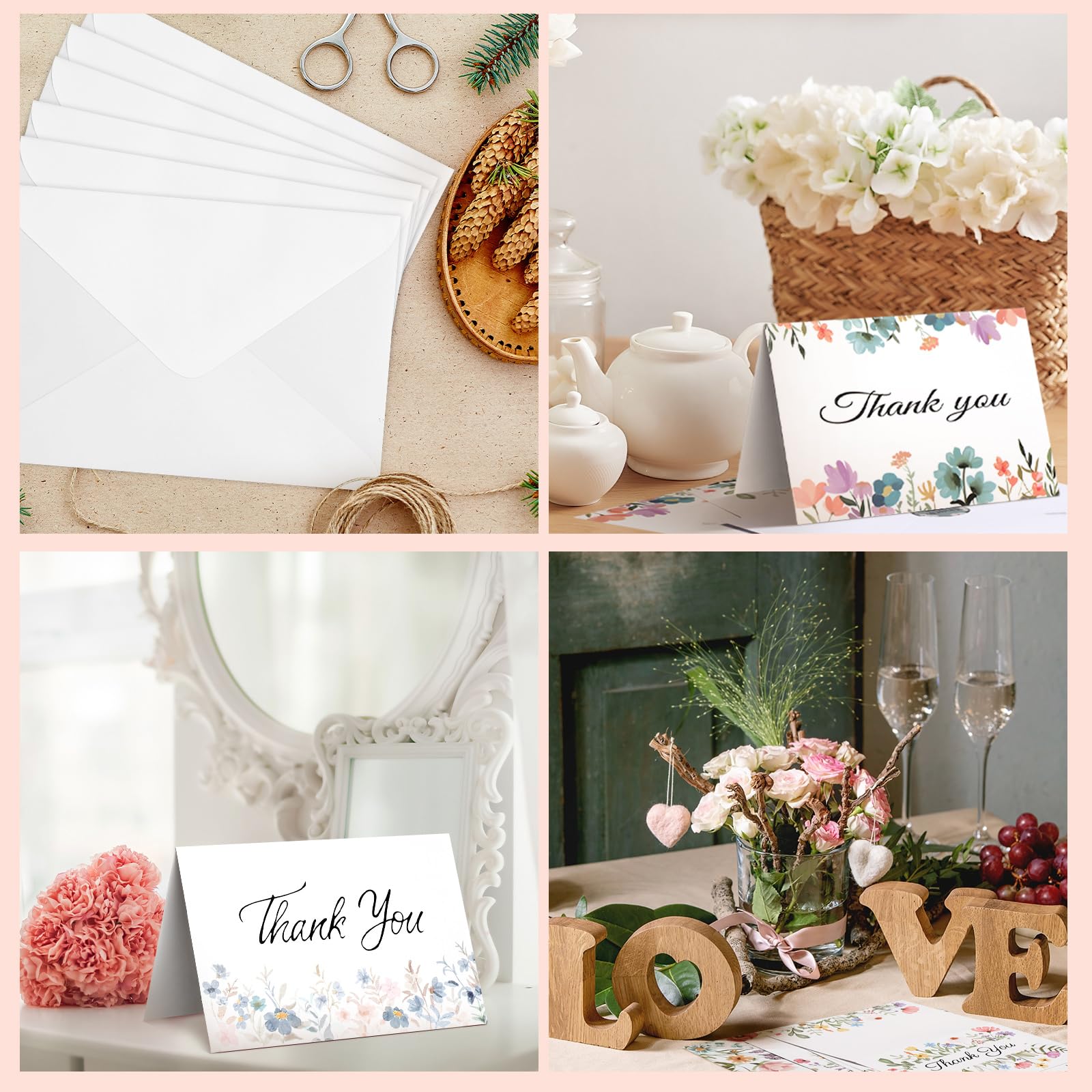 Gueevin 150 Pcs Spring Thank You Cards Bulk with 150 Pcs Envelopes Floral Greeting 16 Pcs Wildflower Stickers for Bridal Shower Note Cards Blank Valentine Gift Cards Birthday Anniversary Romantic Date