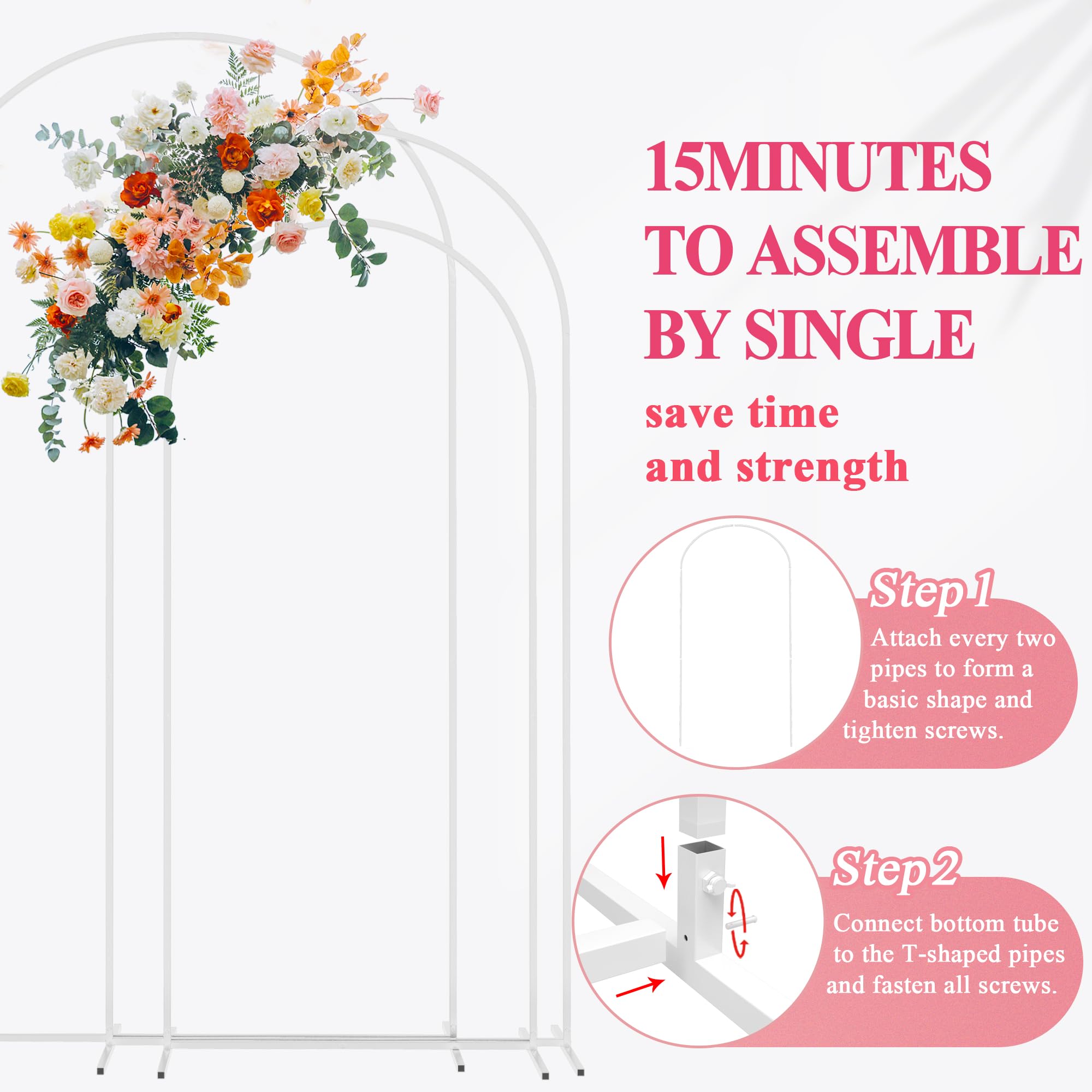 Fomcet Wedding Arch Backdrop Stand Set of 3 White Metal Arched Backdrop Stand 7.2FT & 6.6FT & 6FT Balloon Arch Frame for Wedding Ceremony Birthday Party Baby Shower Anniversary Decoration
