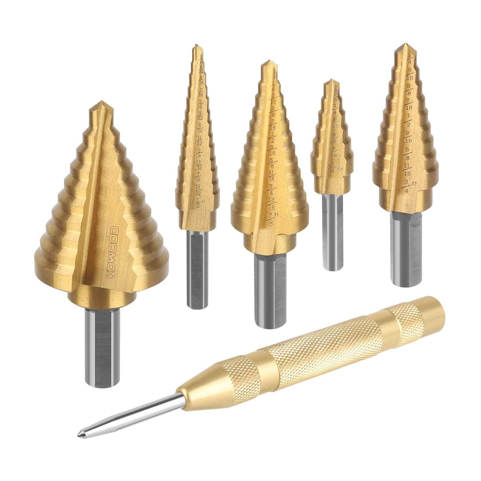 KOWOOD HSS Step Drill Bit Set & Automatic Center Punch 4 Pcs Set with Titanium Coated