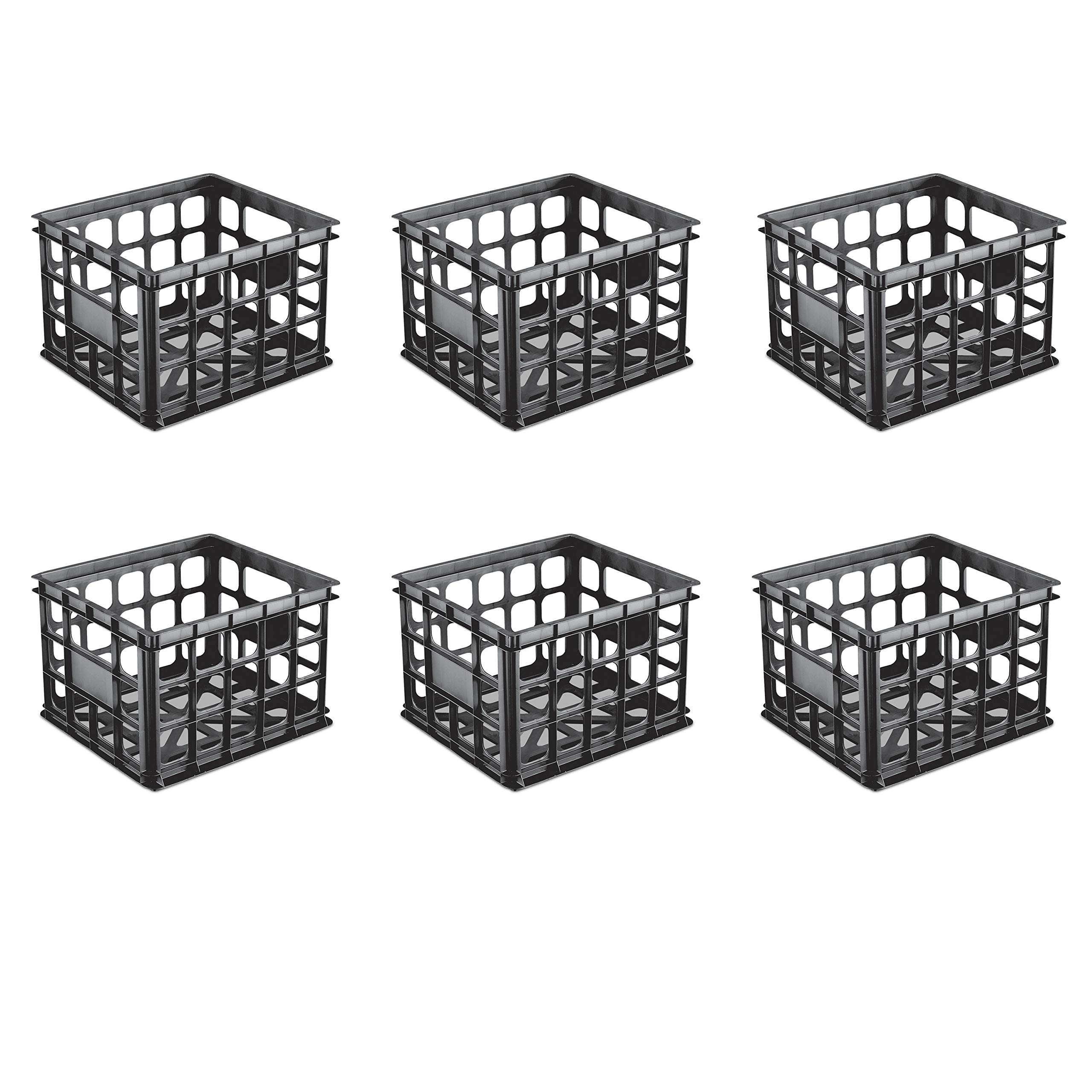 Sterilite Storage Crate, Stackable Plastic Bin with Handles, Organize Home, Garage, Office, School, Black, 6-Pack
