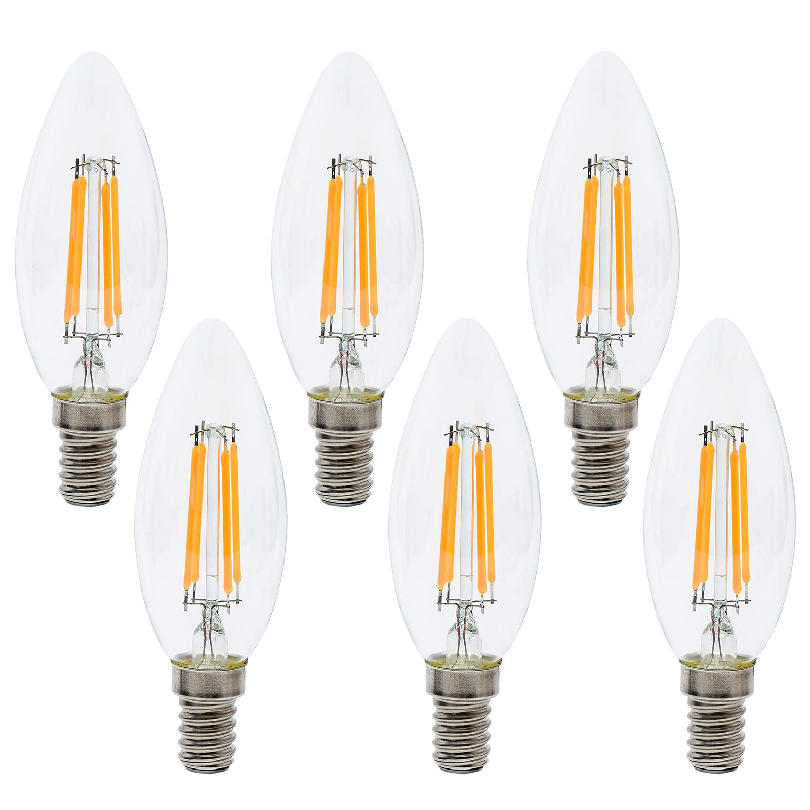 E12 LED Filament Candelabra Light Bulbs 60W Equivalent, Ceiling Fan Light Bulbs Warm White 2700K, B11 E12 Small Base Clear LED Candle Bulbs, Flicker Free, Not Dimmable, 400LM, 6 Pack