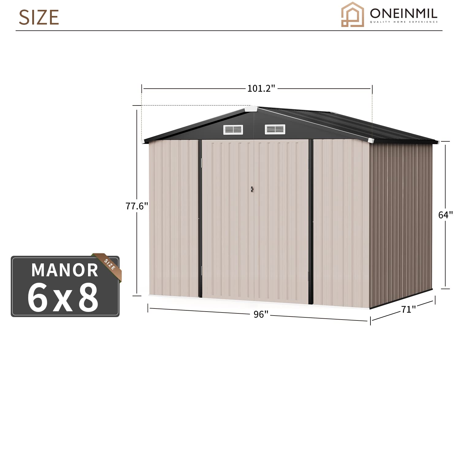Oneinmil Outdoor Storage Shed 8x6 FT, Metal Tool Shed with Lockable Door, Metal Shed Garbage Can, Storage House for Backyard, Garden, Patio, Lawn, Brown