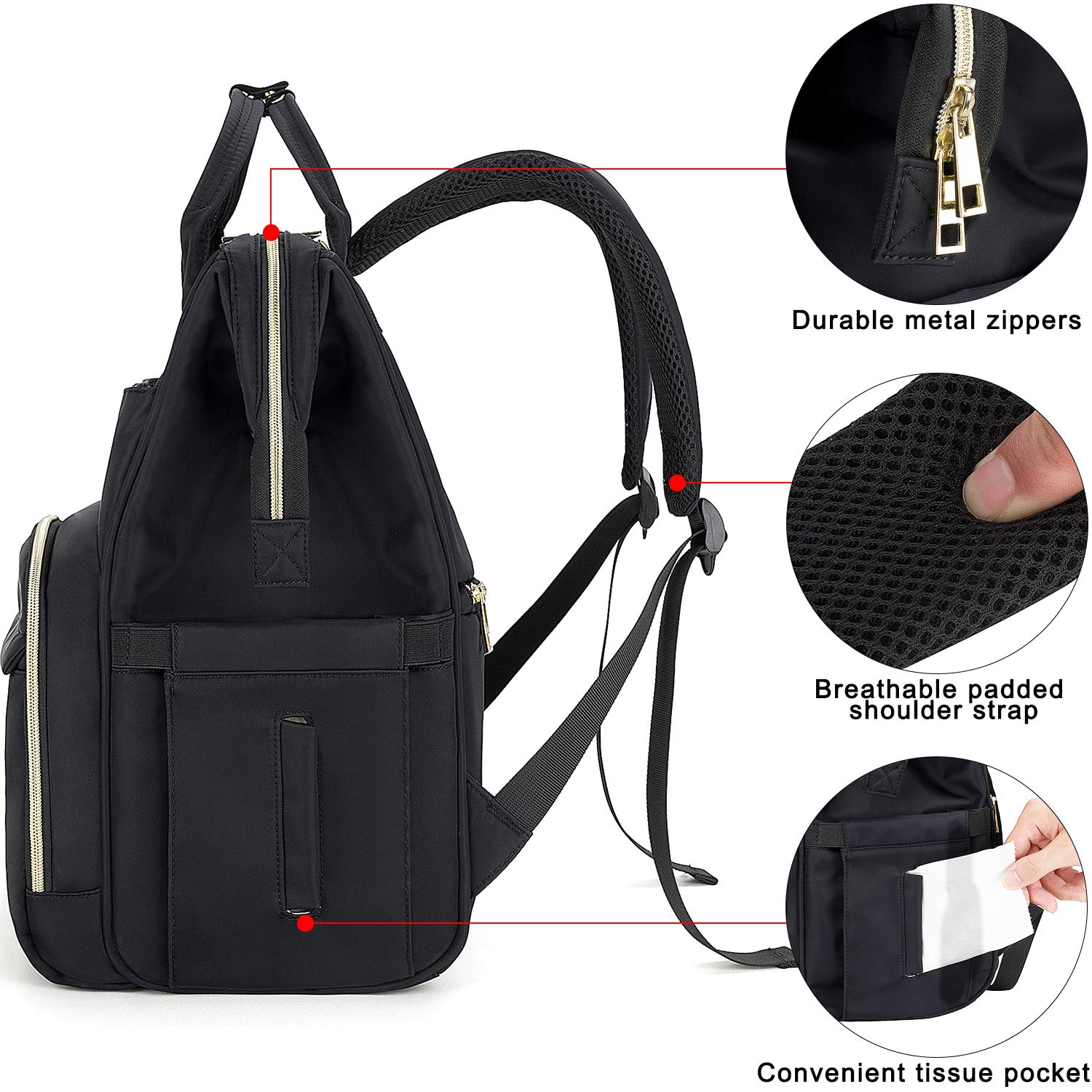 FANCYOUT Diaper Bag Backpack with USB Charging Port and Stroller Straps, Maternity Nappy Bag with Insulated Feeding Bottle Pocket (Black)
