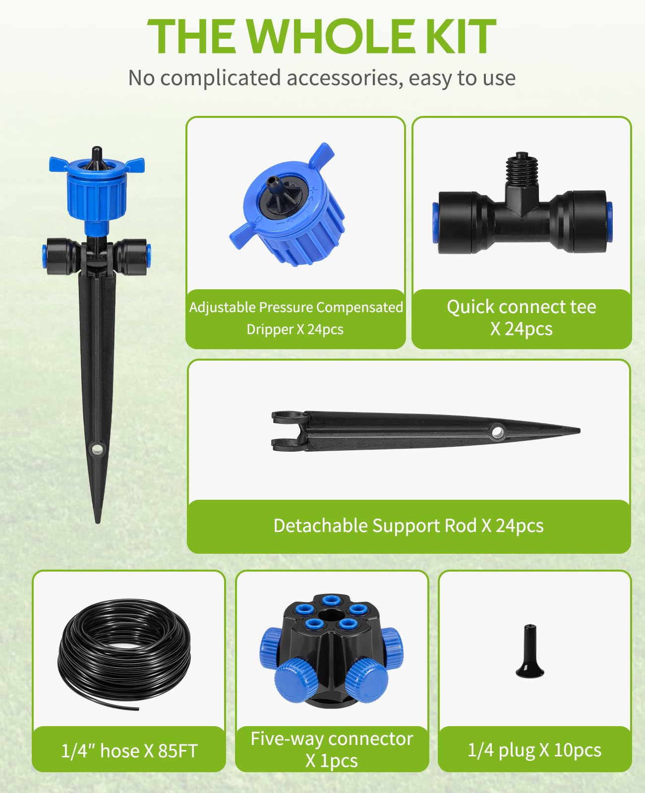 HIRALIY 50FT Garden Watering System with 12Pcs Pressure Compensation Drippers and 5-Way Connector, New Quick Connector Drip Irrigation Kits, Irrigation System for Plant
