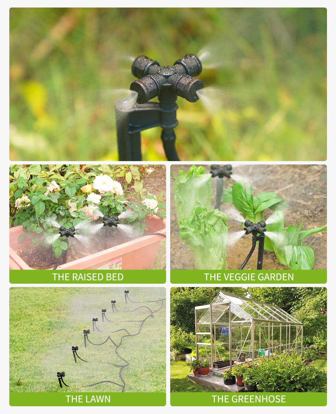 HIRALIY 65FT Drip Irrigation Kit, Plant Watering System, 1/4" Blank Distribution Tubing and 4-Outlet Watering Misting Nozzles, Automatic Irrigation Equipment Set for Patio Lawn