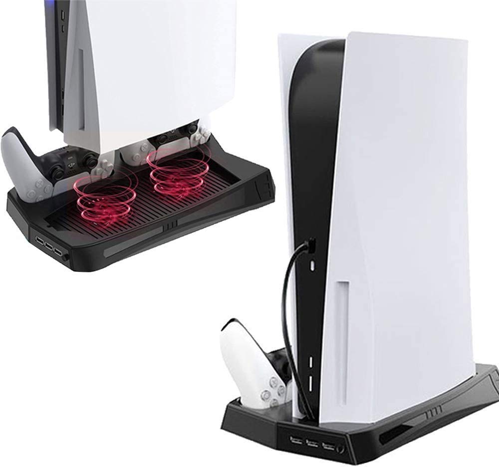 For PS5 DE/UHD Vertical Stand,Including 2 DualSense Controller Charging Dock and Stand with Cooling Fan Compatible,3 USB .Playstation 5 Charging Station Dock with Dual Controller Charger Ports.