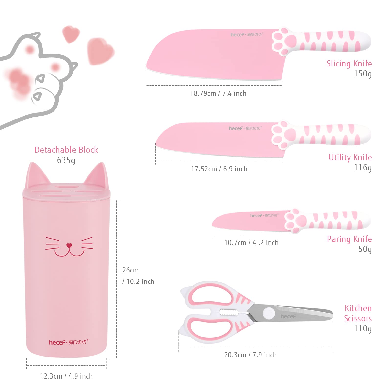 hecef Cute Kitchen Knife Set,5-piece Non-Stcik Knives Set with Detachable Block and Scissors,Sharp Kitchen Knives for Chopping, Slicing, Dicing and Cutting, Gift Housewarming Birthday (Pink)