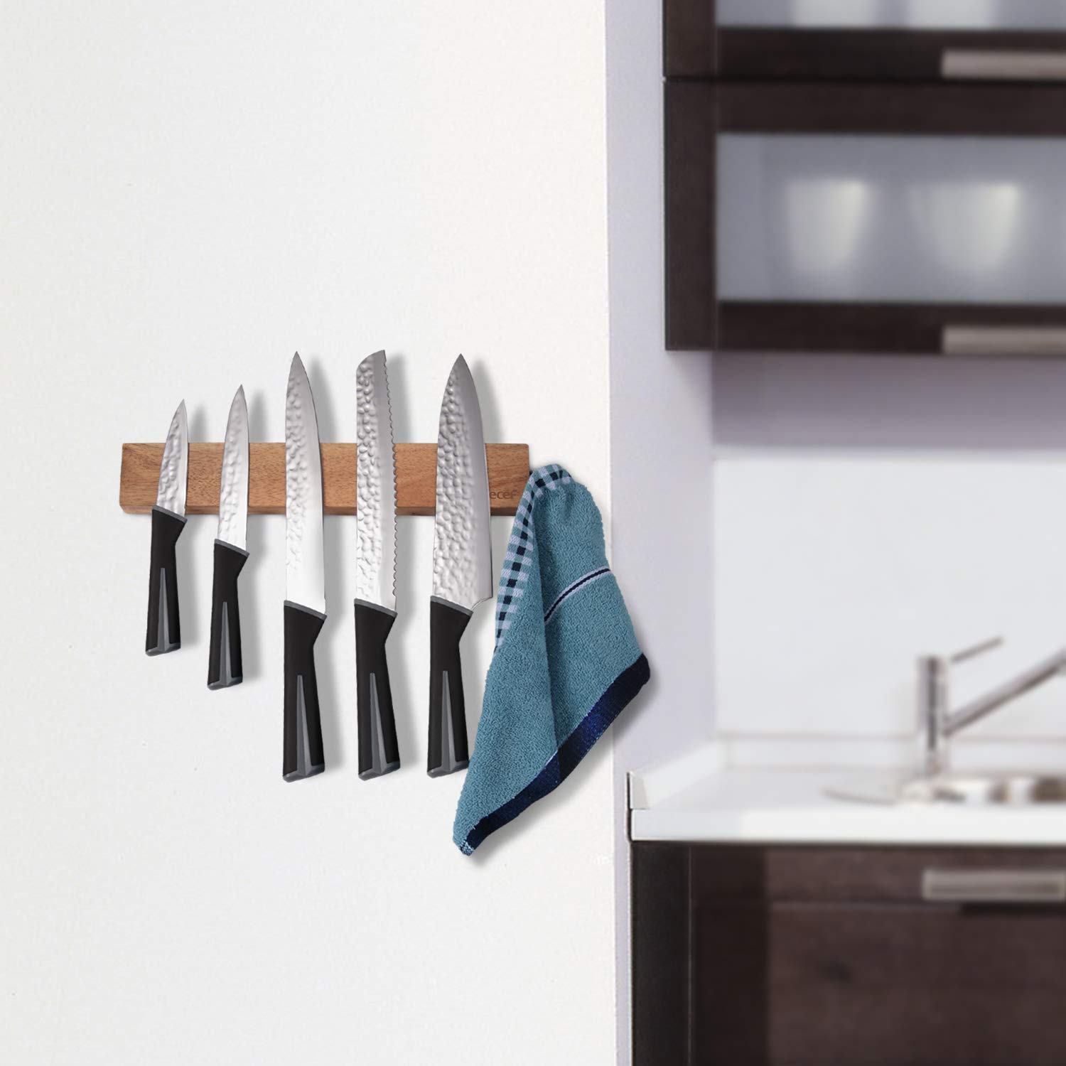 hecef Knife Set Black of 5 with 12 Inch Magnetic Knife Strip, Comes with Protective Blade Cover