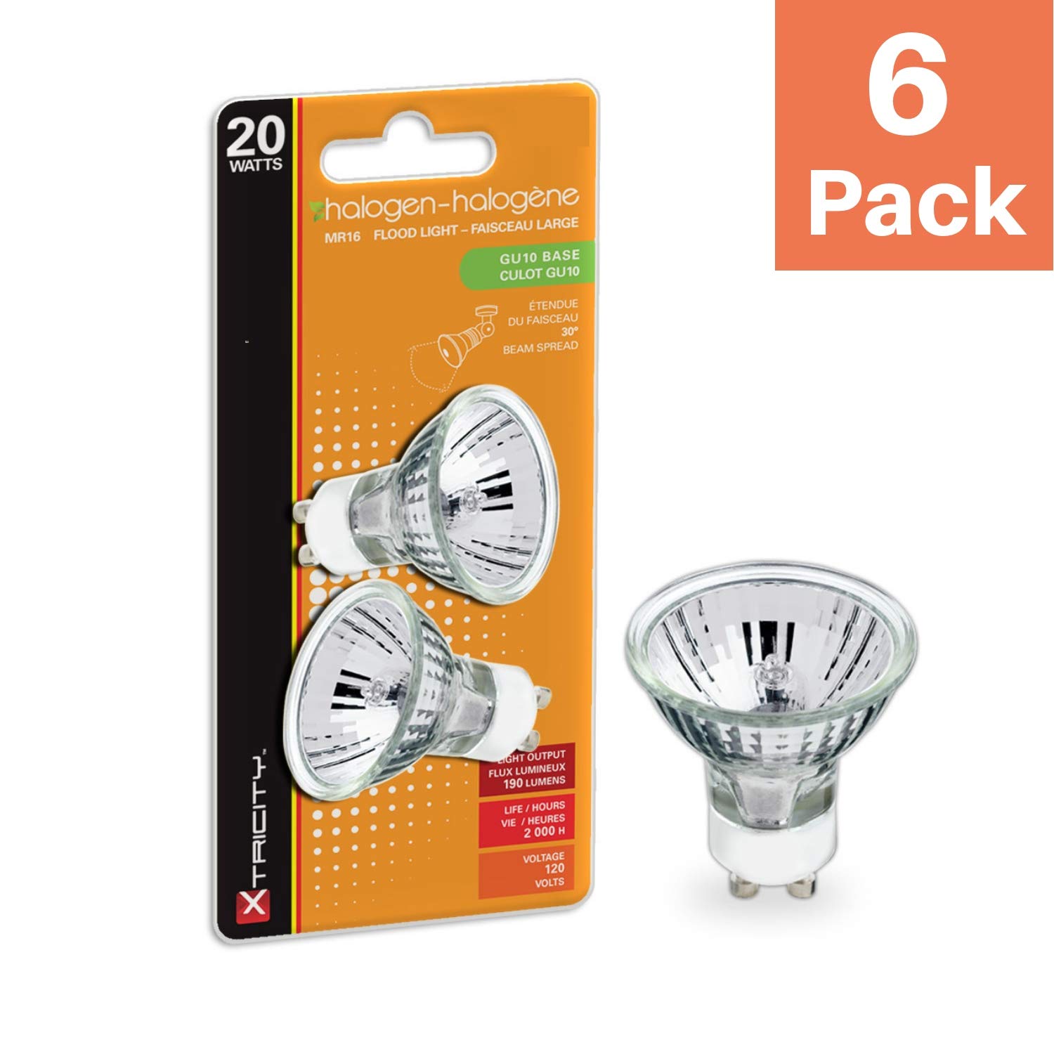 Xtricity Halogen 20W GU10 Bulb Glass Spotlight Light Bulb, 20W, Dimmable, 2700K Soft White, 190 Lumens, GU10 Stove Hood Light Bulbs 120V, (6 Pack)