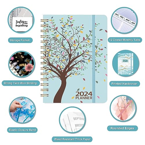Dzhzal 2024 Planner Weekly and Monthly Planner , A5 8.5" x 6.1" Yearly January 2024 - December 2024 Spiral Bound with 12 Monthly Tabs, Hardcover with Elastic Closure, Wirebound, Thick Paper, Back Pocket
