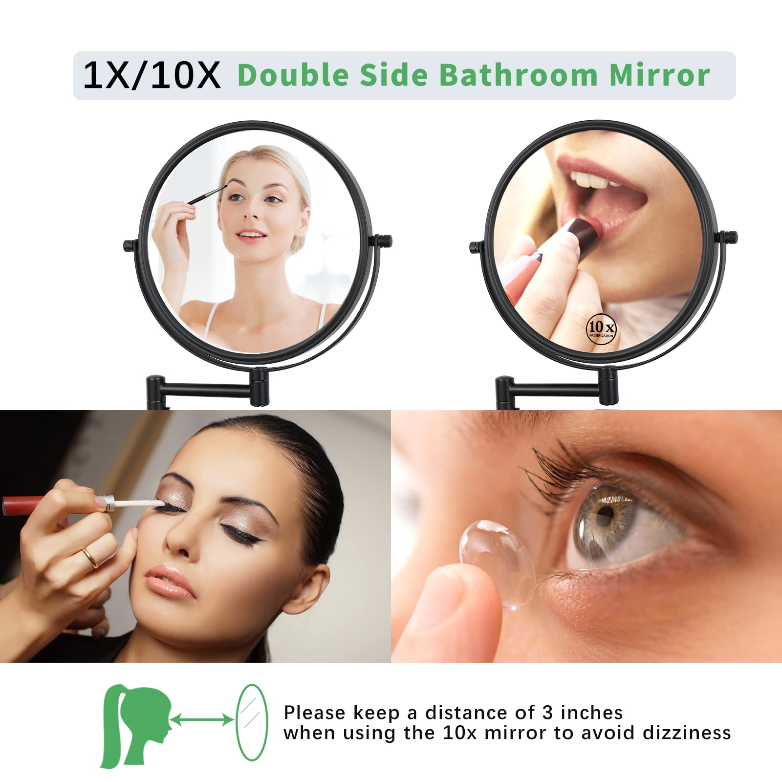 Kacuozx Adjustable Height Double-Sided Mirrors,Wall Mounted Makeup Vanity Mirror,1X/10X Magnifying Mirror for Bathroom,360-degree Rotation, 180-degree Retractable Folding (Black)