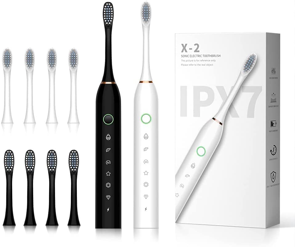 Lukern 2 Pack Electric Toothbrushes Sonic Electric Toothbrush Whitening with 8 Brush Heads, 6 Cleaning Modes and Smart Timer, for Adults Rechargeable Waterproof Cleaning Toothbrushes Black+White