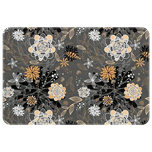Retro Abstract Black Floral Grey Shower Mats Non Slip Without Suction Cups Bath Mat for Textured Tub Surface Loofah Mats for Shower and Bathroom Quick Drying 16x24Inch