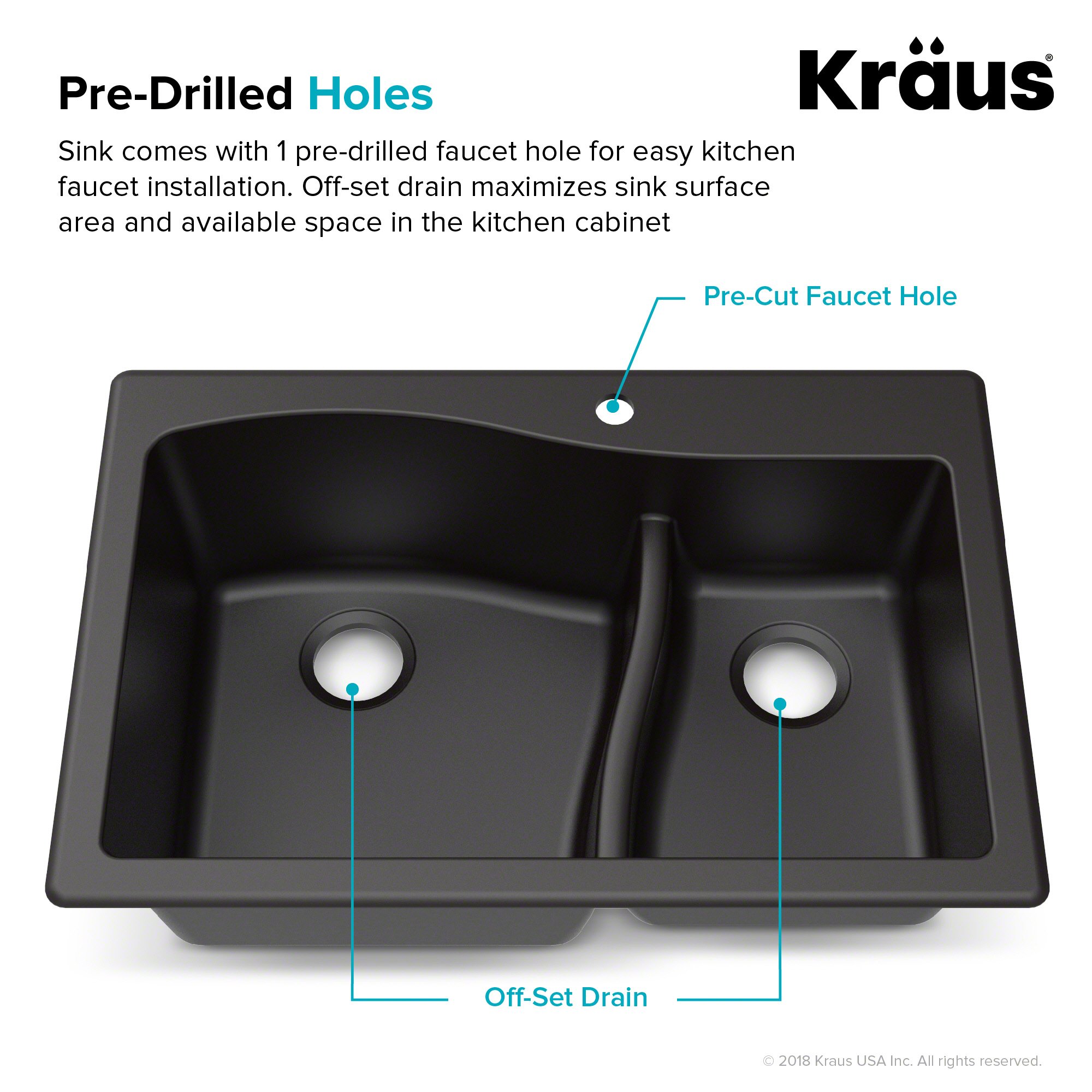 KRAUS KGD-442 Quarza 33-inch 33β Dual Mount 60/40 Double Bowl Granite Kitchen Sink in Black