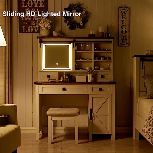 T4TREAM Farmhouse Makeup Vanity Desk with Sliding Mirror and Lights, 42'' Glass Tabletop Vanity Table with 2 Drawers & Shelves, Rustic Big Vanity Set for Bedroom, Stool Included, Antique White