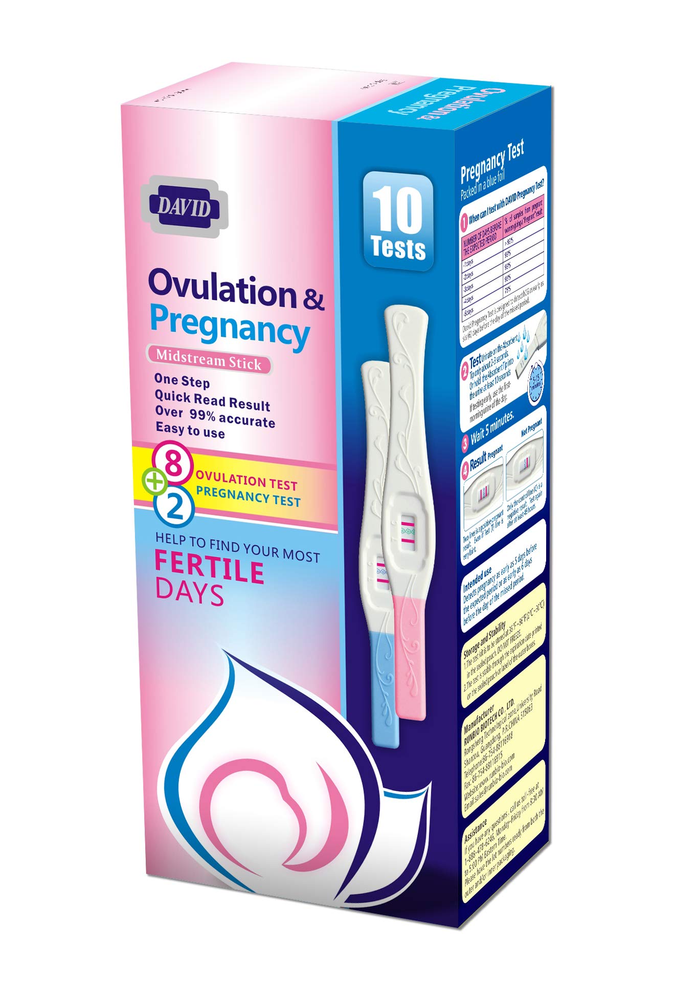 David 8 LH Ovulation Tests and 2 HCG Pregnancy Test Midstream Sticks Individually-Sealed Combo Predictor Kit