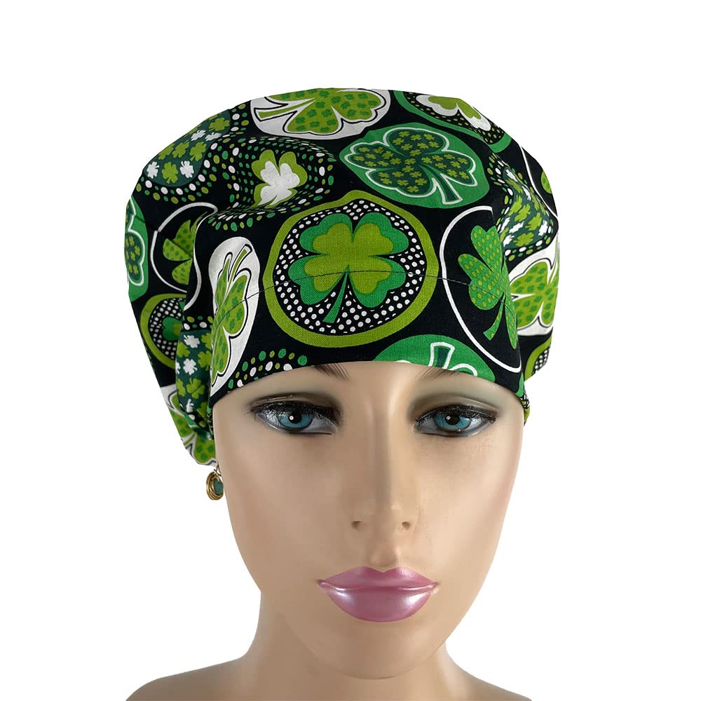 European Style No Ribbon –Saint Patrick’s Clovers and Dots, Turn Up Ponytail Medical Scrub Cap, Scrub Hat for Women & Men tie Back | Working Cap with Holder. Nurses Hats | Dr. Hats