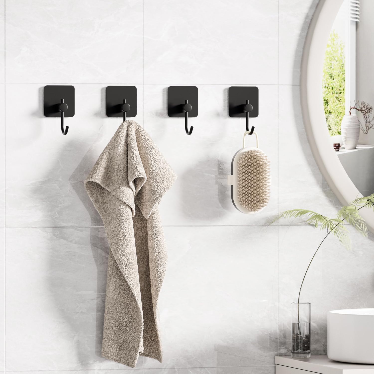 GWAAZXGZ Adhesive Towel Hooks for Bathroom- Black Sticky Hooks for Hanging Towel, Coat, Self Adhesive Hooks for Bathroom, Kitchen, Living Room, 4 Pack