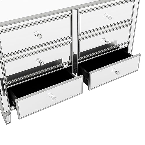 SOFTSEA Modern 6 Drawer Mirrored Dresser, Glass Dresser & Chest of Drawers for Bedroom, Silver Finished Storage Cabinet with Crystal Knobs, Easy Assembly