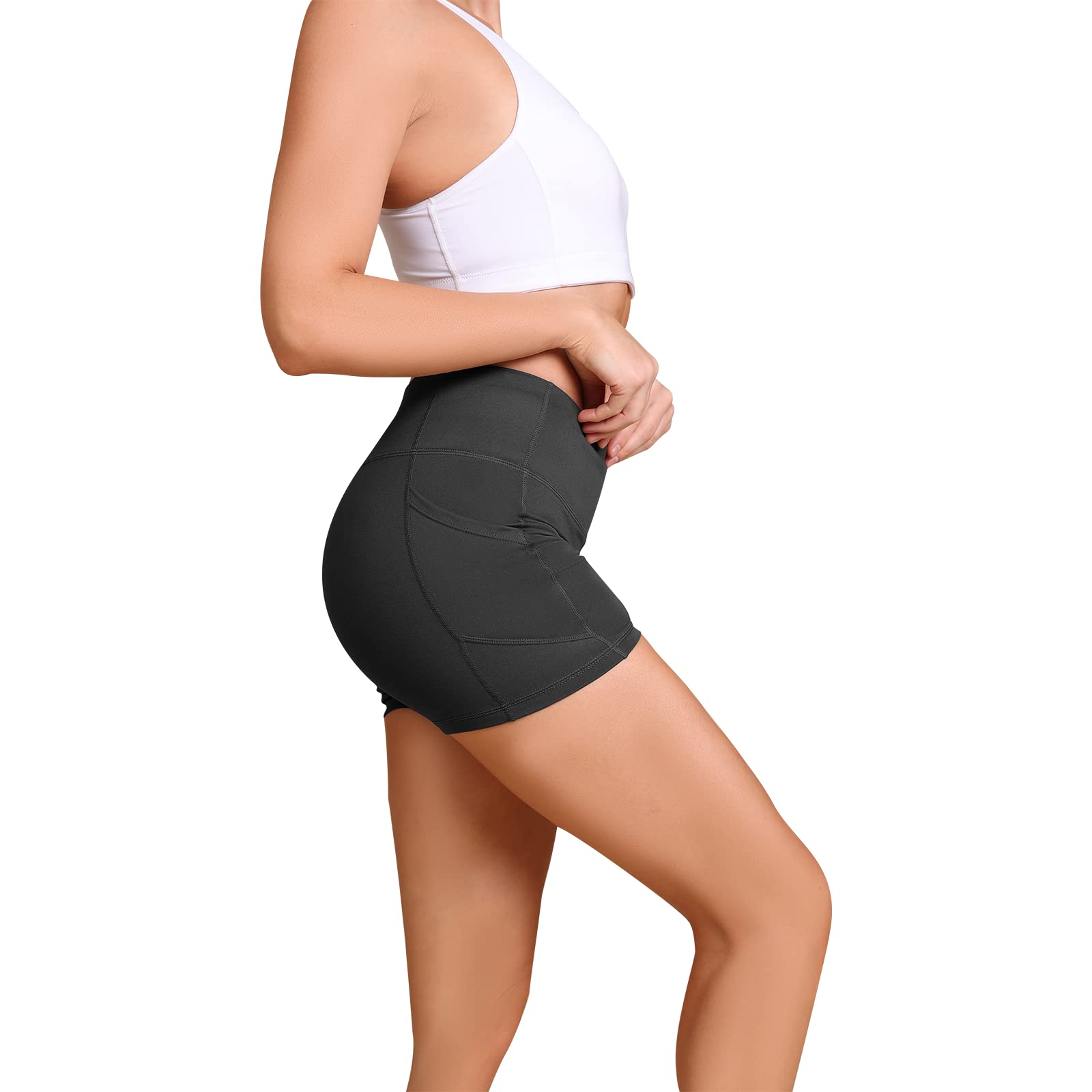 Fhine Women Spandex Workout Shorts - 3" Brushed Biker Gymnastics Cheerleader Running Dance Volleyball Cycling Short Pants with 2 side Pockets Black L