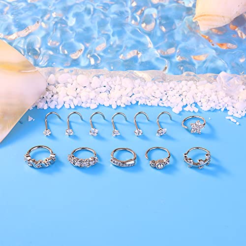 Drperfect 20G Surgical Steel Nose Ring Hoop for Women Men Paved CZ Leaf Flower Nose Piercing Jewelry L Shaped Screw Bone CZ Nose Ring Stud Set